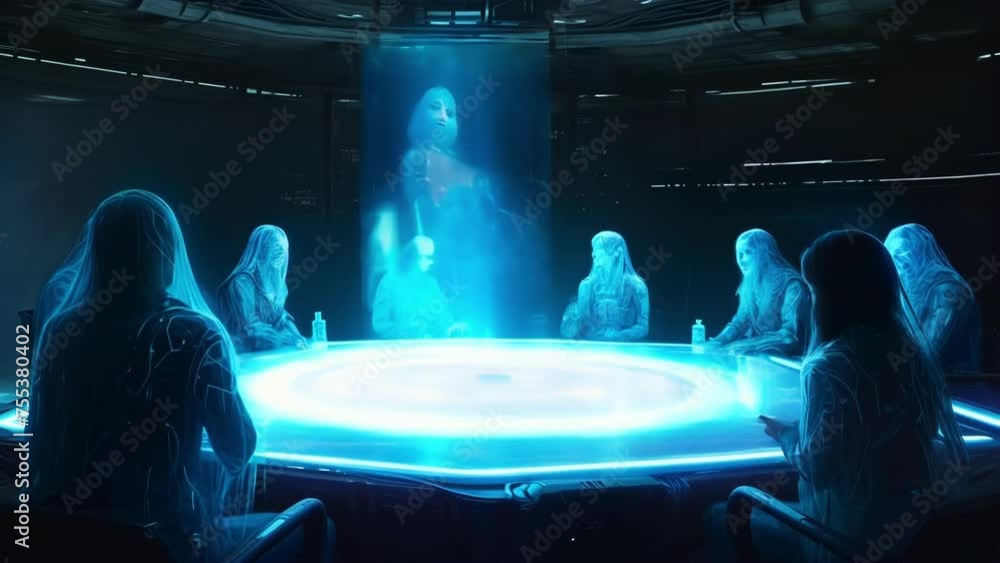 Vidéo Stock A group of humanoid aliens gather around a holographic ...