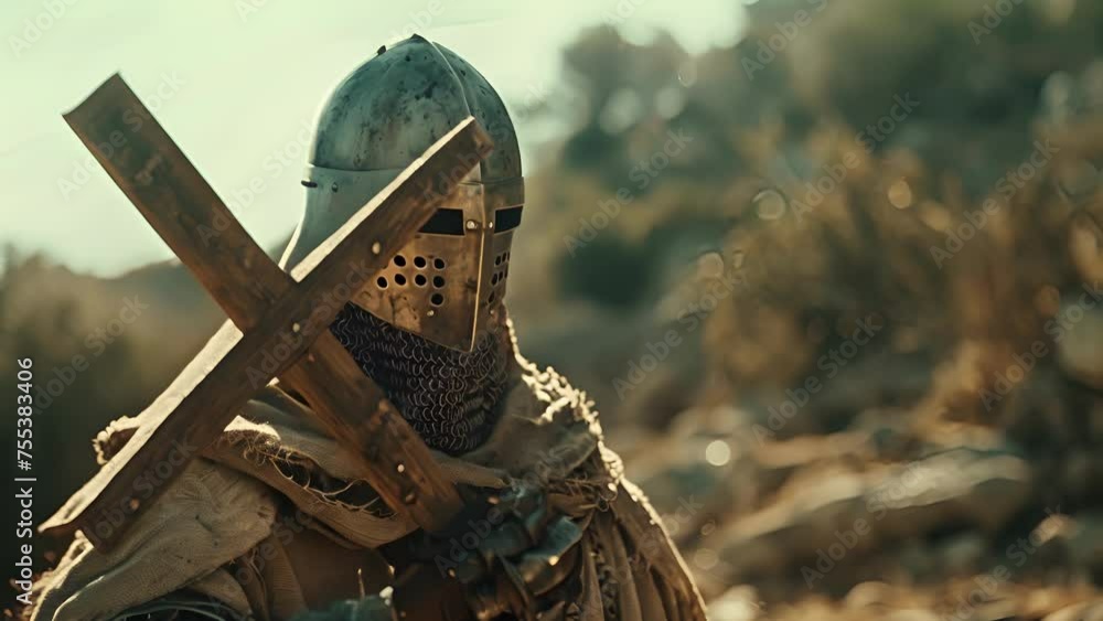 A knight on a pilgrimage to Jerusalem carrying a wooden cross and ...