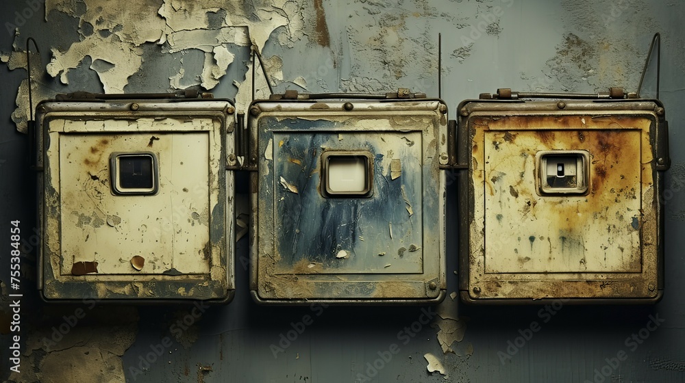 Three old electrical boxes on the wall of an old factory building ...