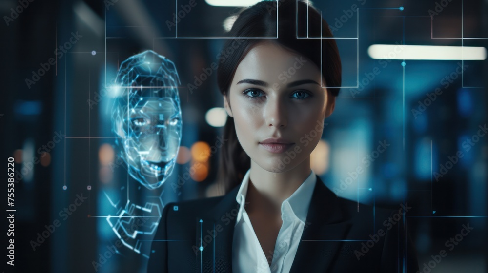 Face recognition technology scanning young businesswoman face biometric ...