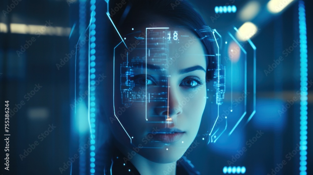 Face recognition technology scanning young businesswoman face biometric ...