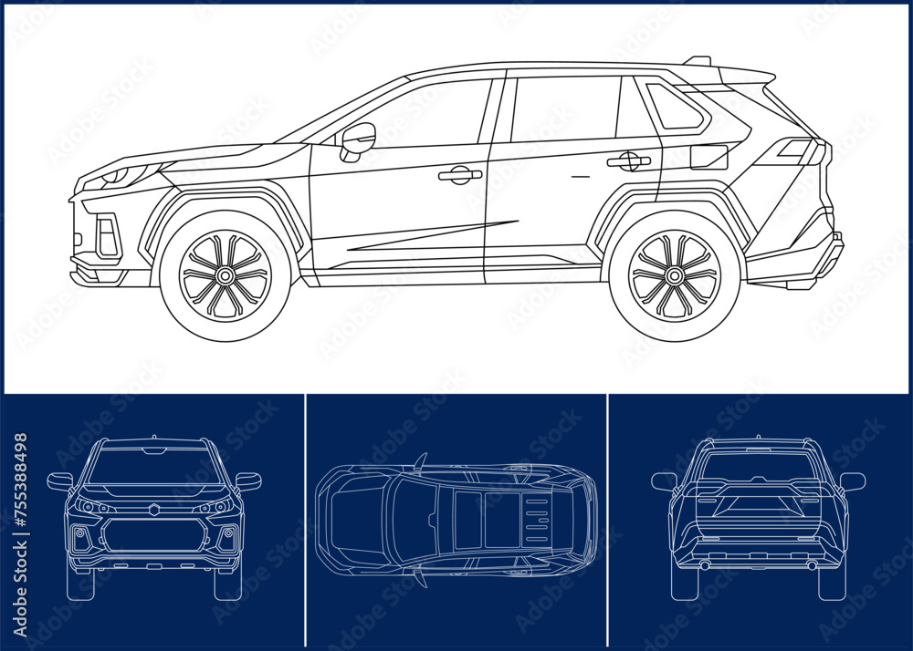 Car template. Transportation outline stroke template. Blueprint layout ...