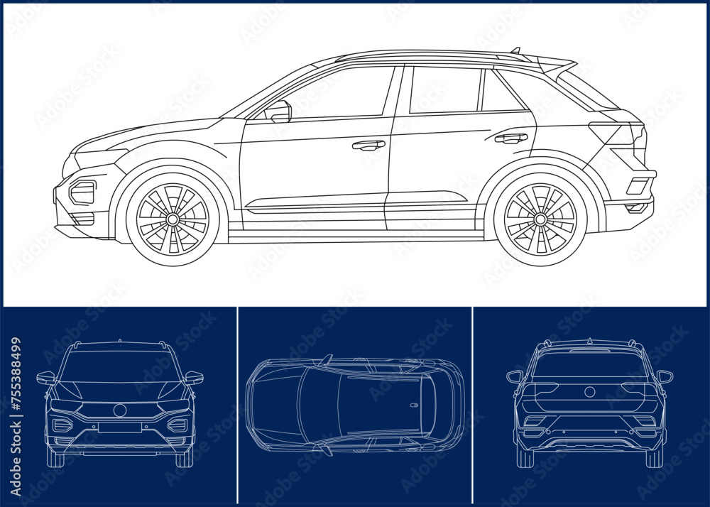 Car template. Transportation outline stroke template. Blueprint layout ...