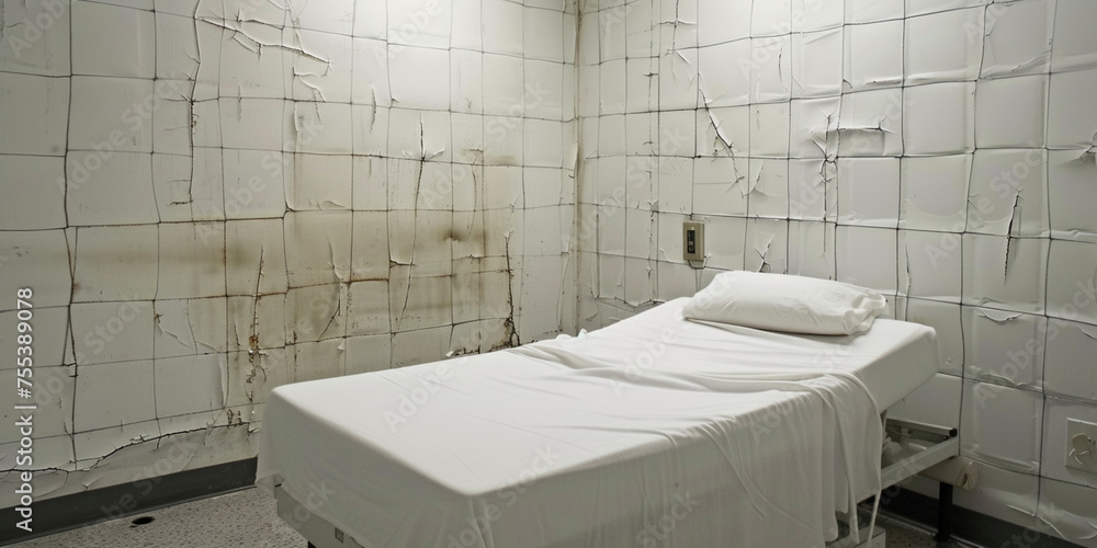 Place for people with mental disorder. Empty bed in abandoned mental ...