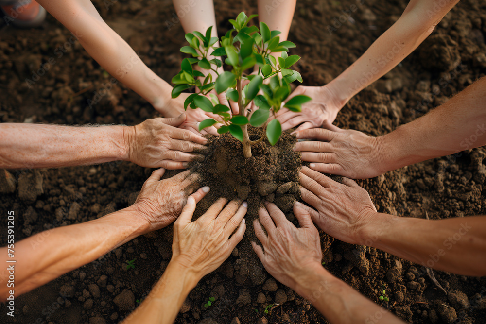 A group of people are planting a tree together. Concept of community ...