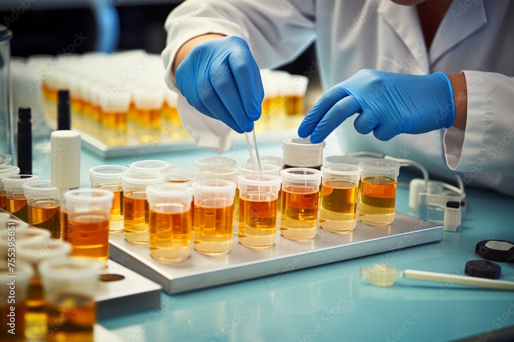 Technician carefully labeling and organizing urine samples before ...