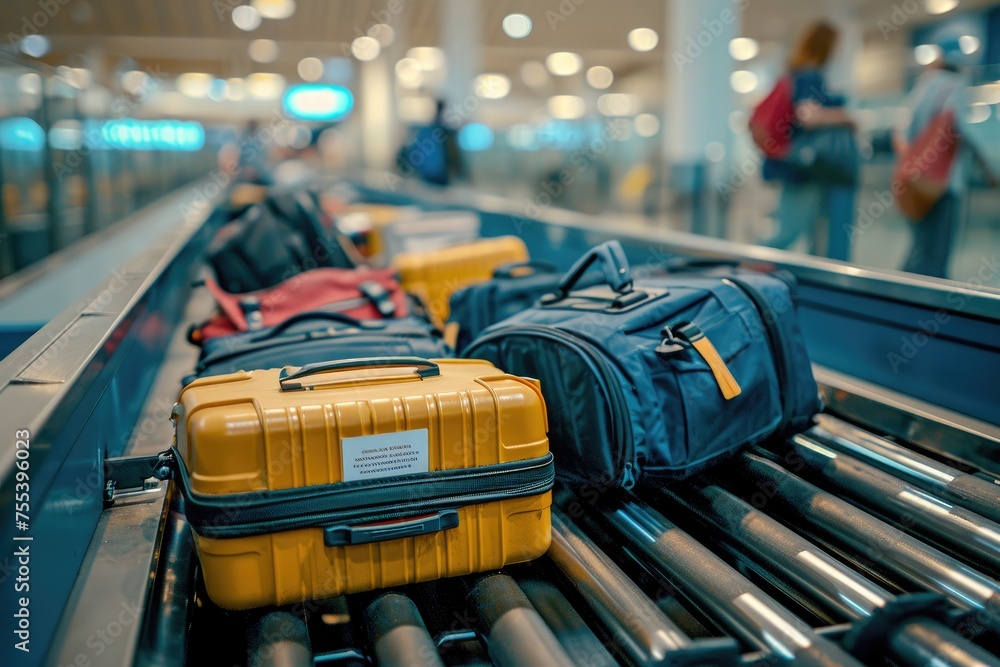 Travel luggage moves along a conveyor belt at an airport terminal ...