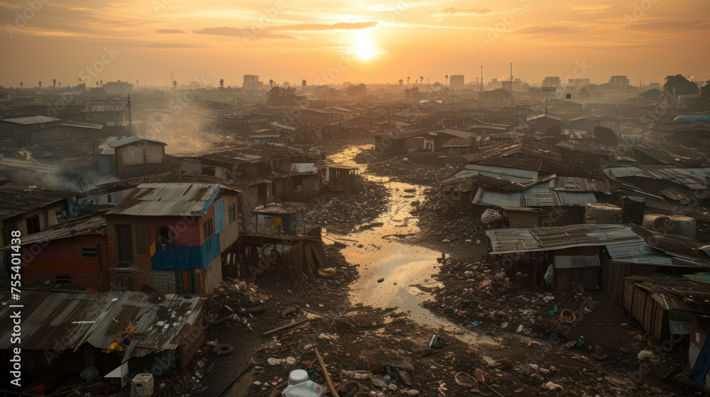 Sunrise over a slum, illuminating the harsh reality of life in ...