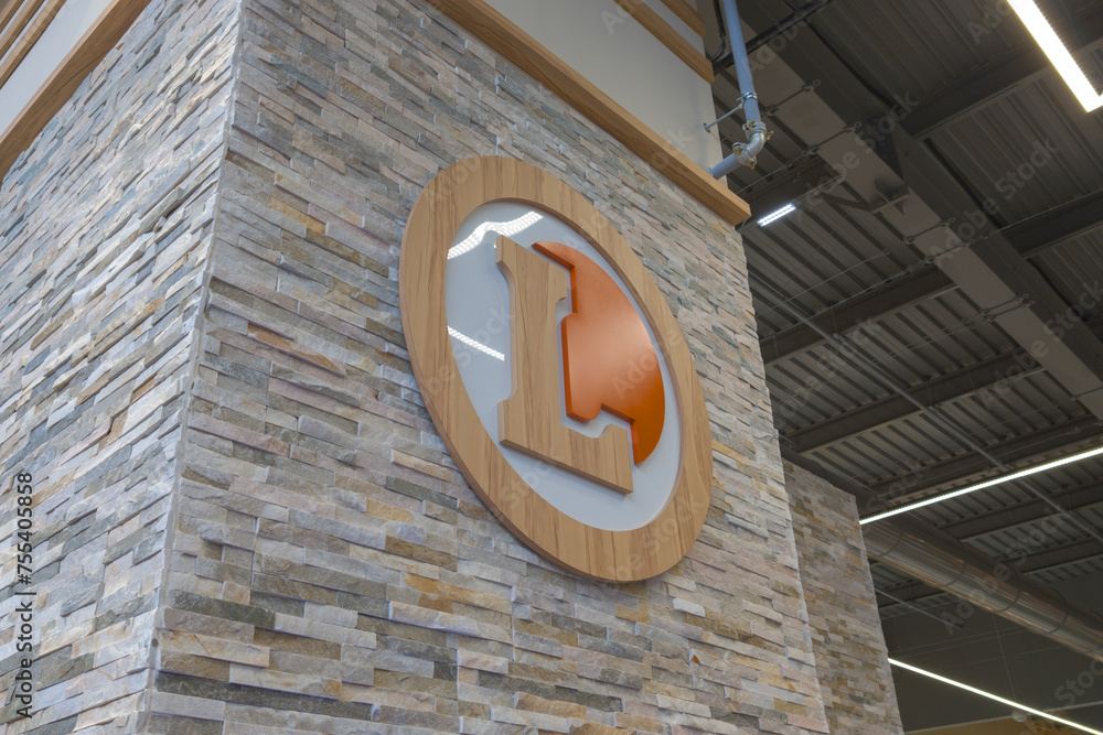 E.Leclerc logo brand and text sign wall facade French store company ...