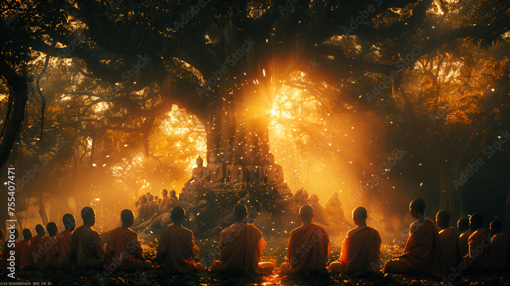 Group of Monks Under a tree, in front of a Buddhist Statue, Group of ...