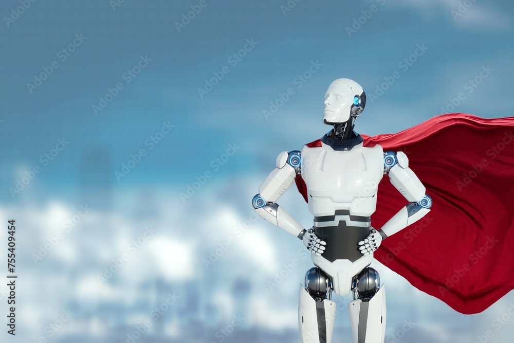 Super Robot assistant stands in a heroic pose with a red cape behind ...