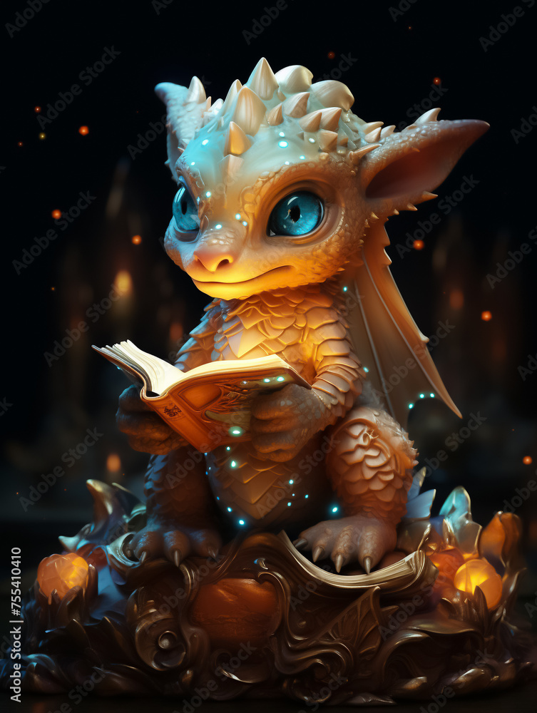 A magical baby dragon with azure scales and a bright amber underbelly ...