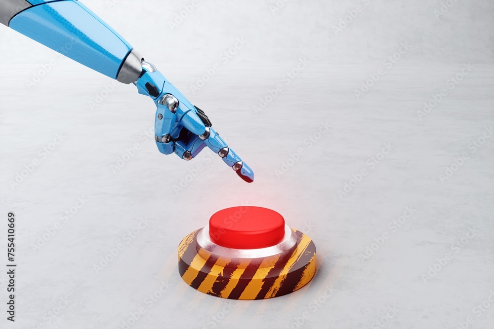 A robot's hand presses a red button, close-up, light background ...