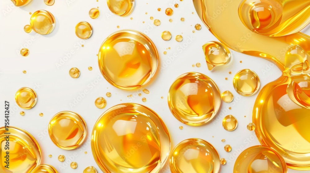 Liquid gold drops of organic cosmetic or food oil, top view of clear ...