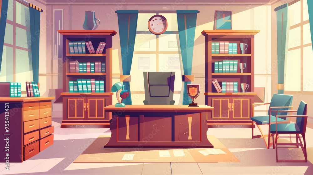 The headmaster's office in a school with desks, chairs, bookcases and sport trophies. Modern ...