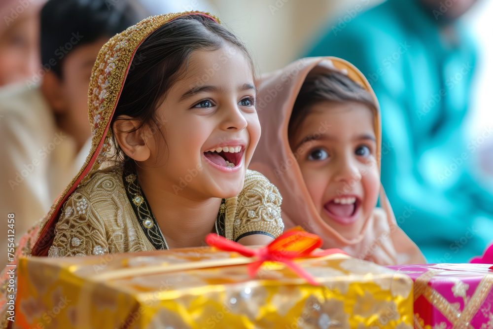 Smiling Muslim children gather to open gifts with shining eyes ...