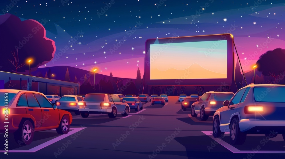 During the night, drive-in theaters with automobiles stand in open air ...