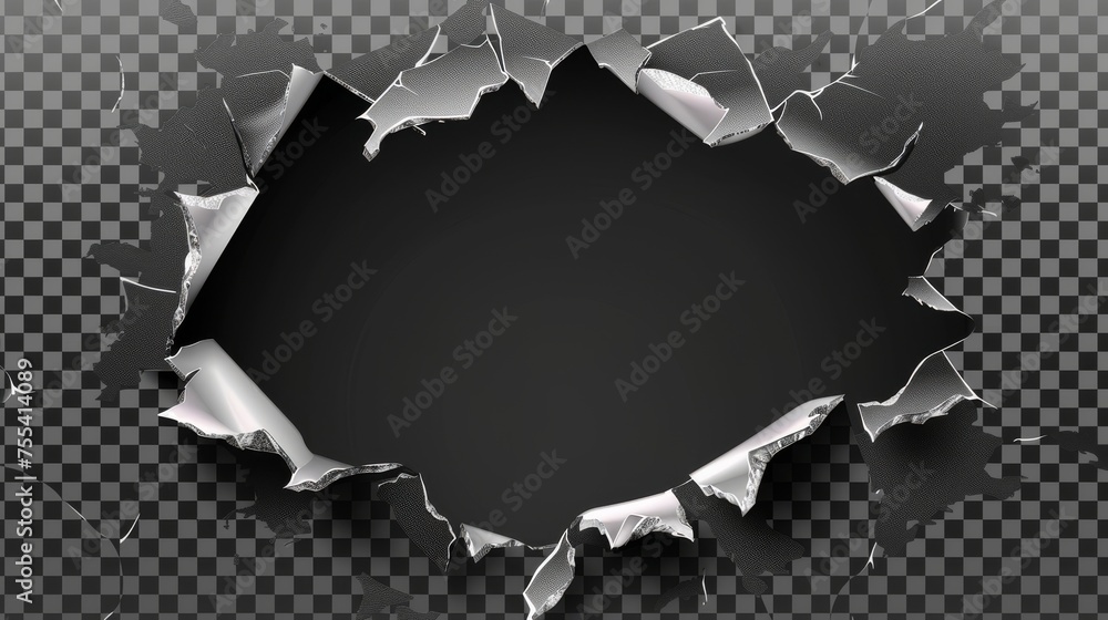 Steel sheet with tears and ragged cracks. Modern realistic mockup of ...