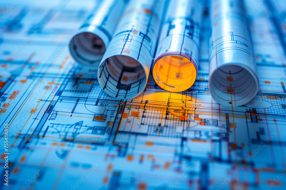 House blueprints, blue print style floor plans on architects desk ...