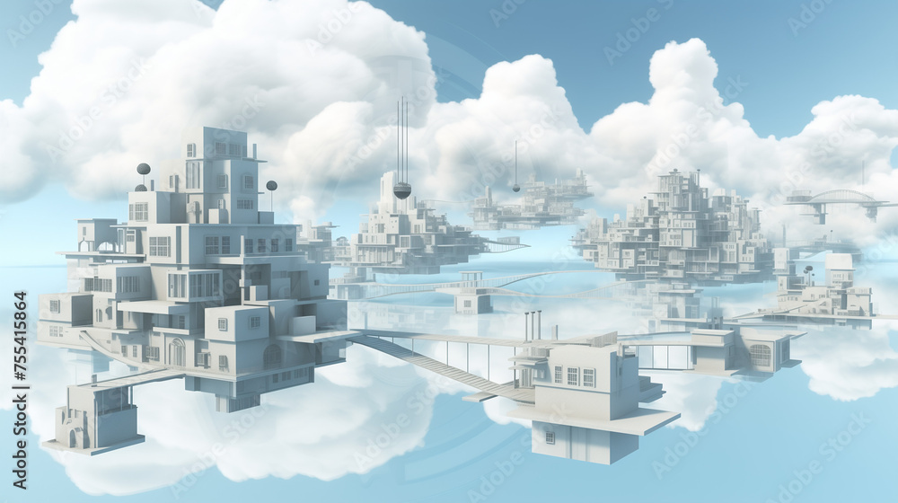 Group of buildings constructed on floating platforms above a body of ...