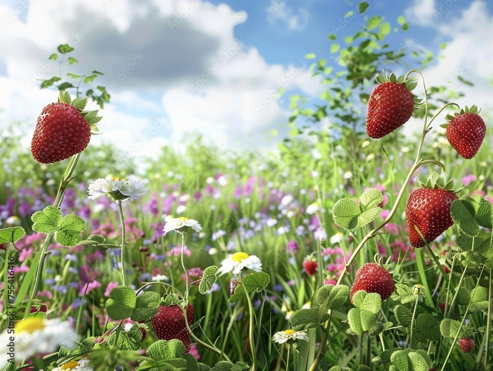 3D visualization: meadow with wildflowers, clover and red ripe ...