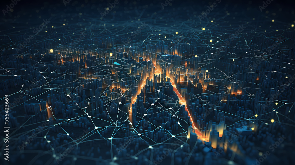City map illustration, data visualization of urban traffic patterns and ...