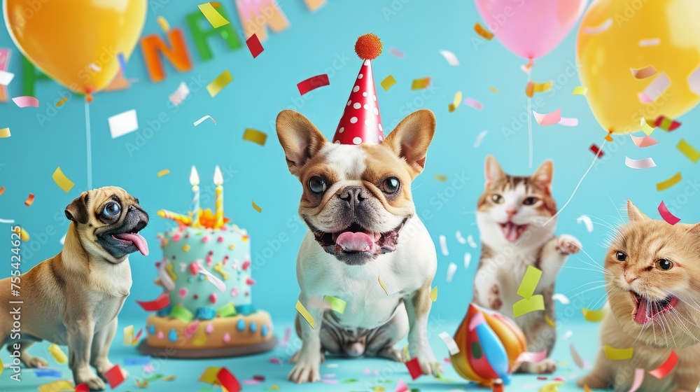 Group of cute pets with birthday hats and balloons on blue background ...