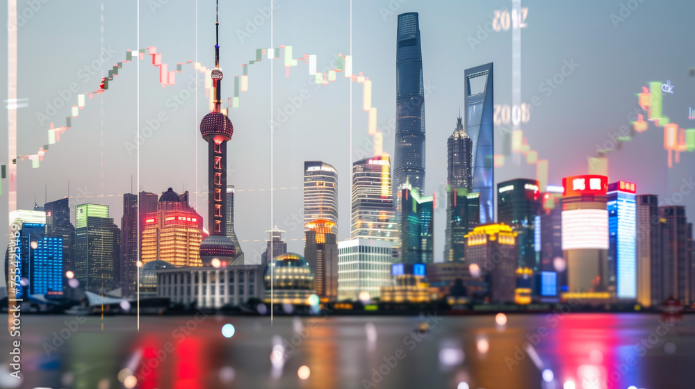 Shanghai China business skyline with stock exchange trading chart ...