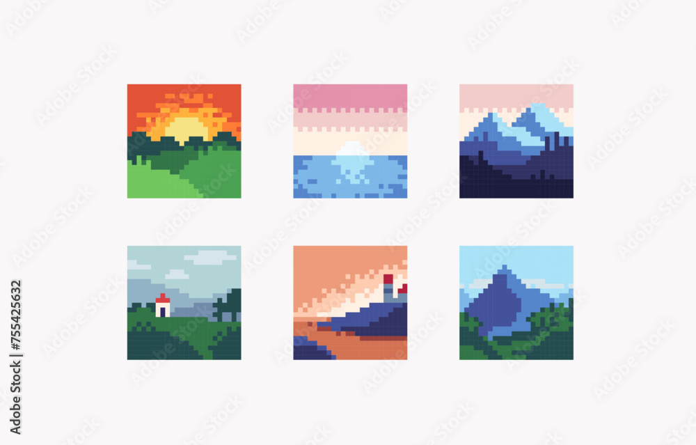 Landscape pixel art set. Nature sunset, mountain, and country view ...