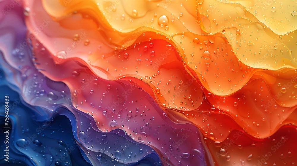 a vibrant gradient of colors in wavy patterns with water droplets ...