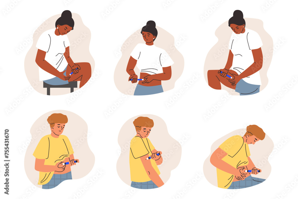 Set of sad men and women making self injections into different parts of ...