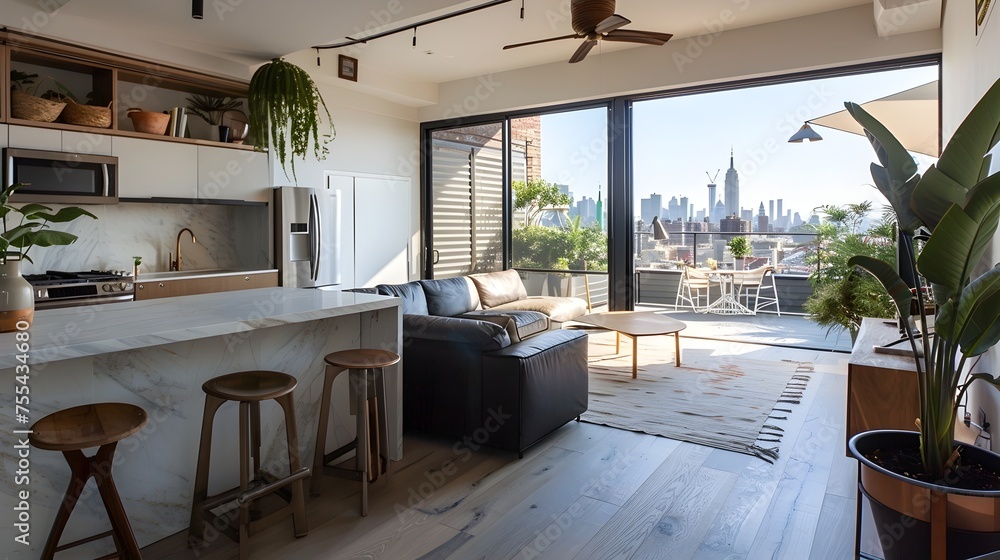 Boho Chic Open Plan Living Space with Marble Bar and Stunning New York ...