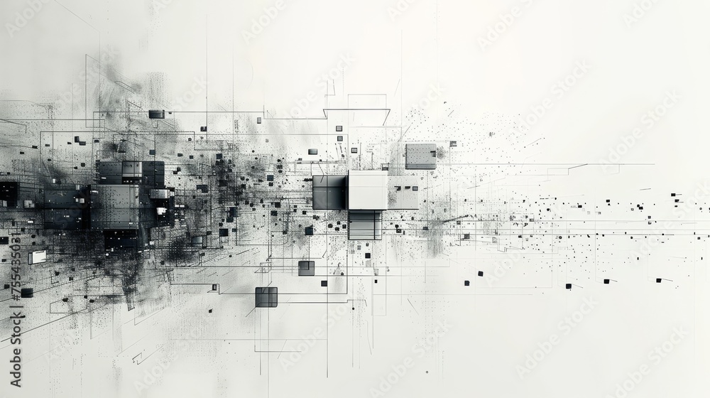 A black and white sketch of a futuristic cityscape. Towering ...