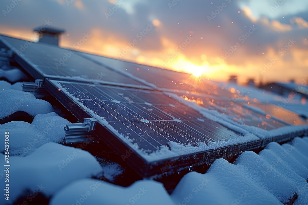 Solar panels on a snowy rooftop, their surfaces partially covered in ...