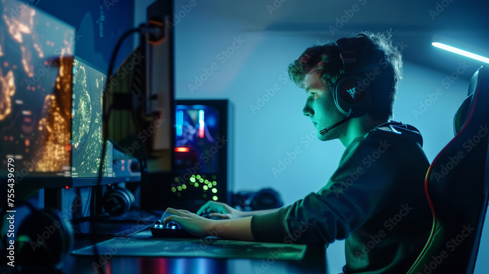 Professional Gamer Playing First-Person Shooter Online Video Game on ...