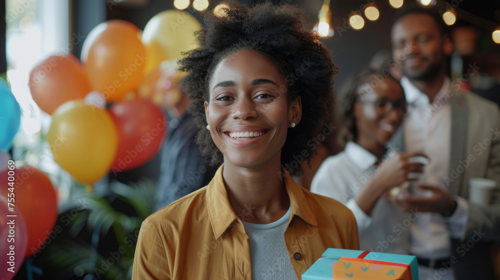 Best wishes. Multiethnic company staff congratulate black woman ...