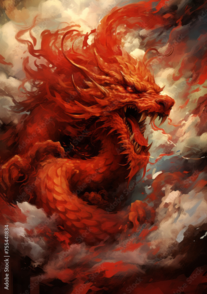 Painting of a Red Traditional Chinese Dragon roaring in the sky with ...