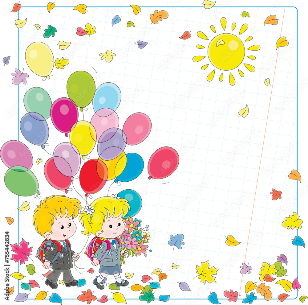 School background with happy little schoolchildren with colorful ...