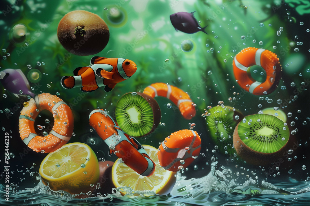Picture of a clown fish with kiwi and lemon and circles that have the ...