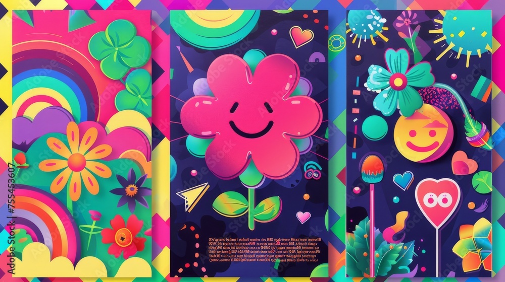 Posters set in Y2K retro style, featuring a flower, smiley, cloud ...