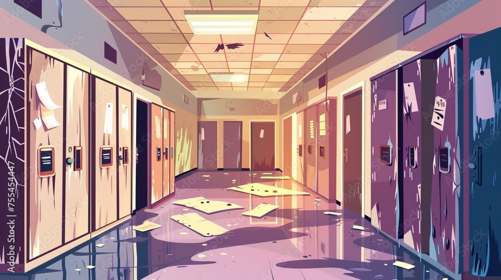 A deteriorating school hall with broken lockers. Modern cartoon ...