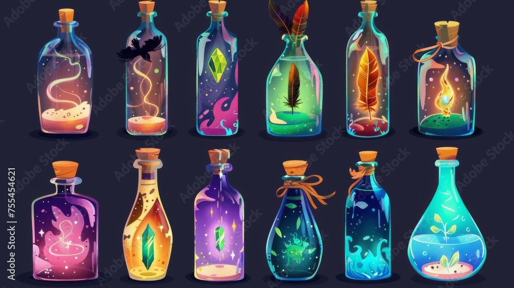 Decorative glass bottles filled with magical liquid magic potion or ...