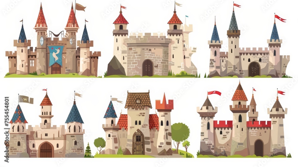 Detailed modern illustration of medieval castles with flags on roofs ...