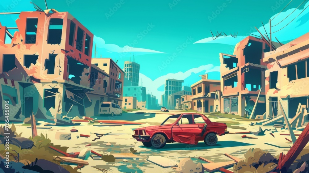 Cartoon apocalyptic cityscape with demolished buildings, cars, and ...