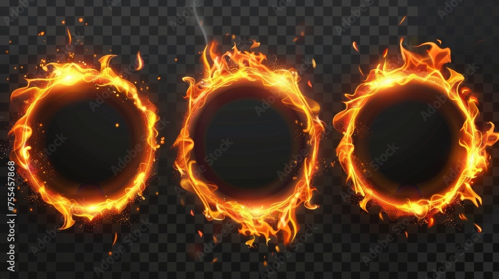 Set of circle fire frames isolated on transparent background. Modern ...