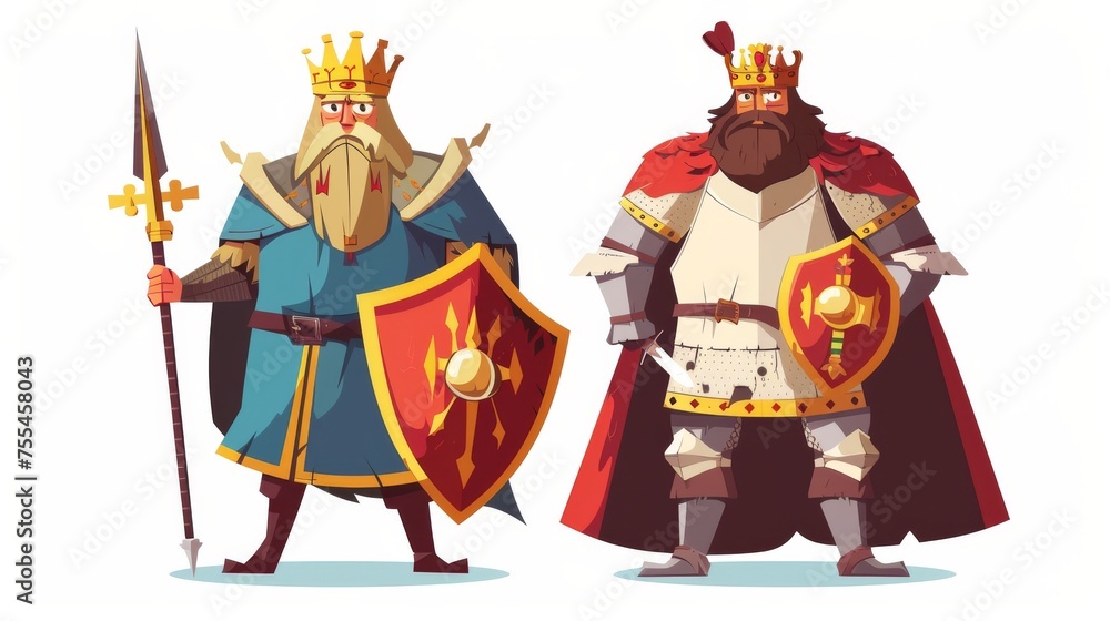 Cartoon illustration of bearded kingdom ruler with golden crown and ...