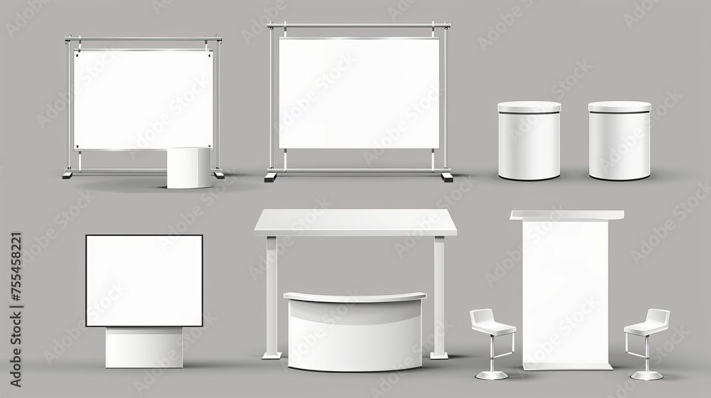 White booth stand mockup with signboard for advertising and promotional purposes. Realistic ...