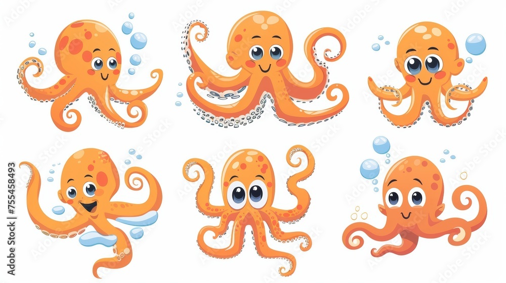 A cartoon collection of octopus characters. Cute funny underwater ...