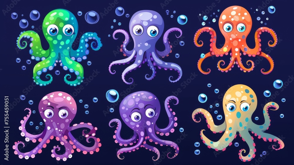 Several octopus characters isolated on white background. Modern cartoon ...