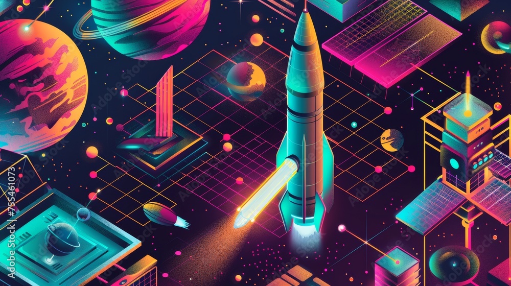 An architectural poster with a y2k theme, with a spaceship, rocket, and ...